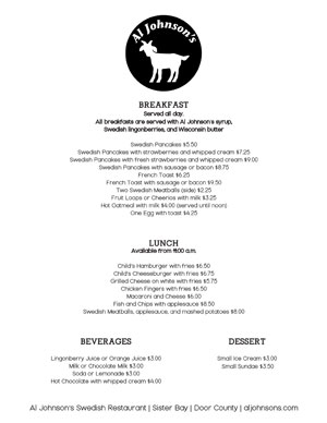 MENUS – Al Johnson's Swedish Restaurant, Butik & Stabbur